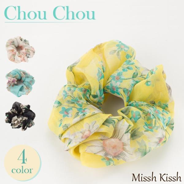 商品名：フラワー柄シュシュカラー：イエロー、ホワイト、ブルー、ブラックメール便対応★透け感のあるサテン生地が涼しげ♪