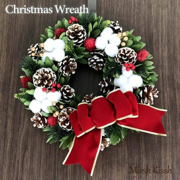 クリスマスリース まつぼっくり クリスマスカラー リボン Ribbon Wreath Green Leaf &amp; Cotton