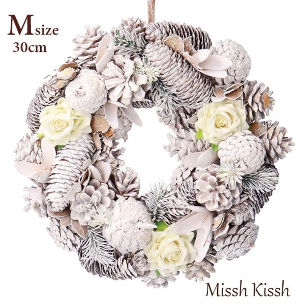【商品名】リース ナチュラルリース クリスマスリース まつぼっくり ホワイト 30cm Mサイズ【サイズ】φ：30cm