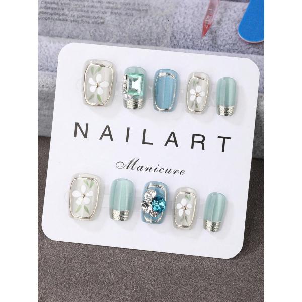 10枚セット入り、ミントブルー、短いラダータイプ、ネイルアート プレスオン、ハンドメイド、エレガントで寛大なデザイン、高級フレンチスタイル、ジェルポリッシュ、フラッシュ、猫の目効果、メタリック光沢、フェイクネイルチップを完全にカバー、3Dの...