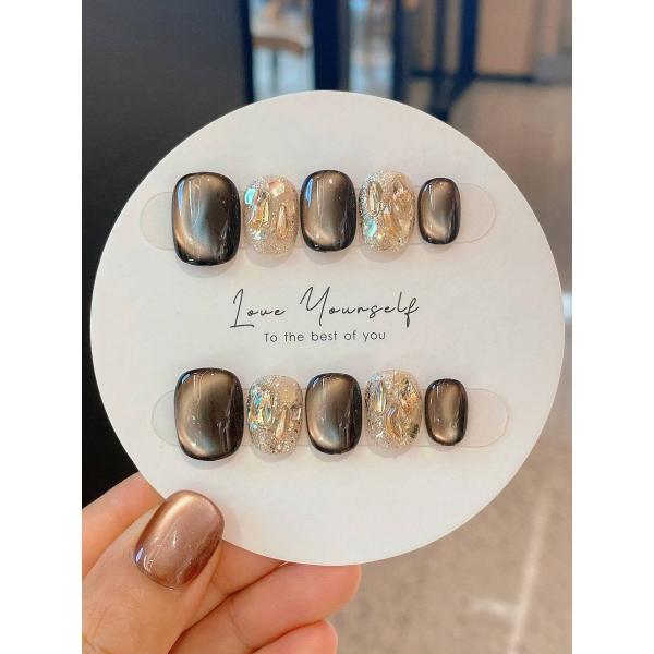 10個 手作り 偽ネイル、ブラックキャットアイ、ゴールドグリッター、3Dラインストーンデコレーション、ショート楕円形 人工ネイルセット 学生&amp;妊婦用、ジェルポリッシュ付きプレスオンネイル ネイルサプライ