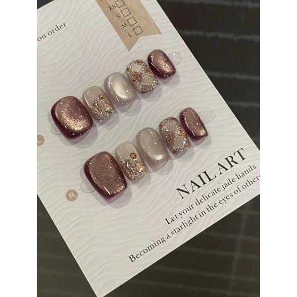 30個入り ショート スクエア ロマンチック チェスナット ラテ キャッツアイ ダイヤ型 つけ爪セット、学生、オフィスワーカー、日常業務、アポイントメントに適しています ネイルチップ ネイルサプライ