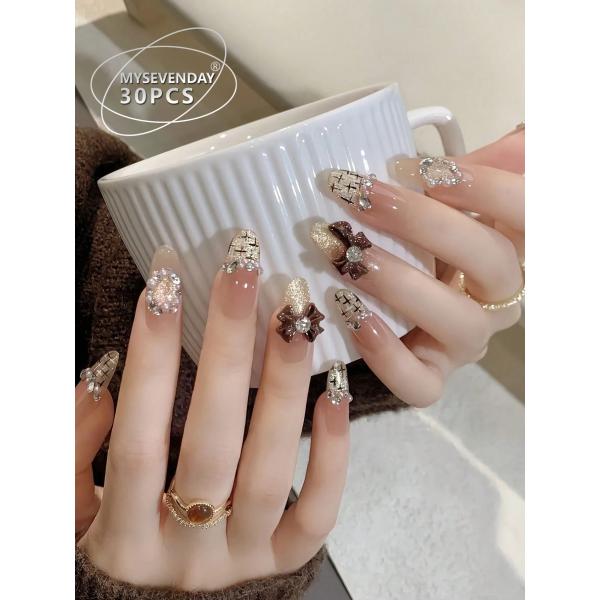 アーモンド型 押し付け式 ネイルパッチ 30個セット、フェイクパール スパークリングラインストーンリボン、かわいくクールなフレンチスタイル女性用ネイルパッチ、ネイルチップ、ジェル接着剤1個とバフ1個付属、パーティー、ダンス、カジュアルウェア...
