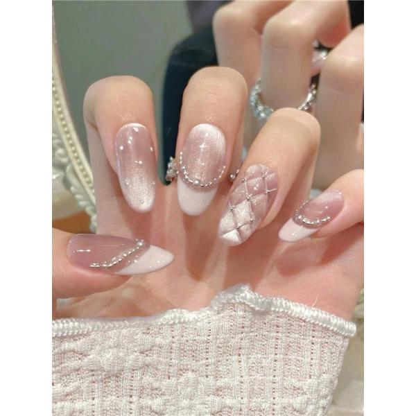 10個入り ダイヤモンド型フレンチパールピンクキャッツアイ リボン ハンドメイド アクリルプレスオンネイル、輝くラインストーン装飾 ショートコフィン/ロングオーバルフレンチフェイクネイル 春夏用、ジェルとネイルファイル付き フルカバーネイル...