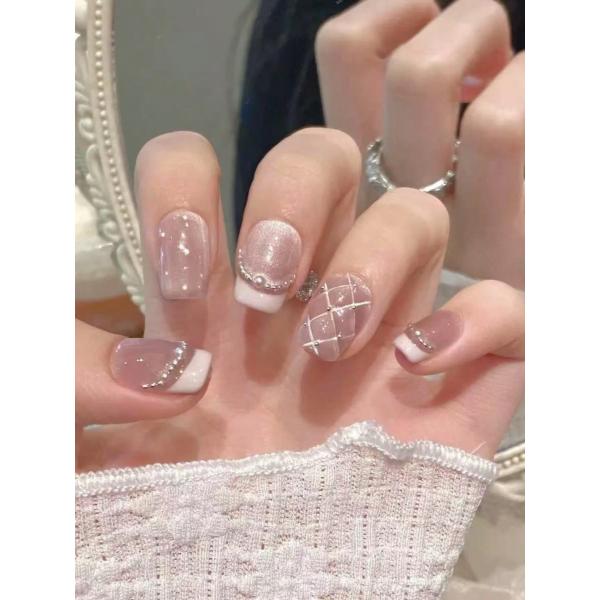 10個入り ダイヤモンド型フレンチパールピンクキャッツアイ リボン ハンドメイド アクリルプレスオンネイル、輝くラインストーン装飾 ショートコフィン/ロングオーバルフレンチフェイクネイル 春夏用、ジェルとネイルファイル付き フルカバーネイル...