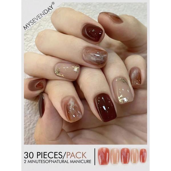 30個 正方形 デュアルトーン 取り外し可能 つけ爪、ブラウントーン、フィット感抜群、アクリル素材、ジェルポリッシュ1本とネイルファイル1本付属、秋冬の日常の仕事、学業、集まりに最適。パーティー、フェスティバル、日常使いにも適しています。