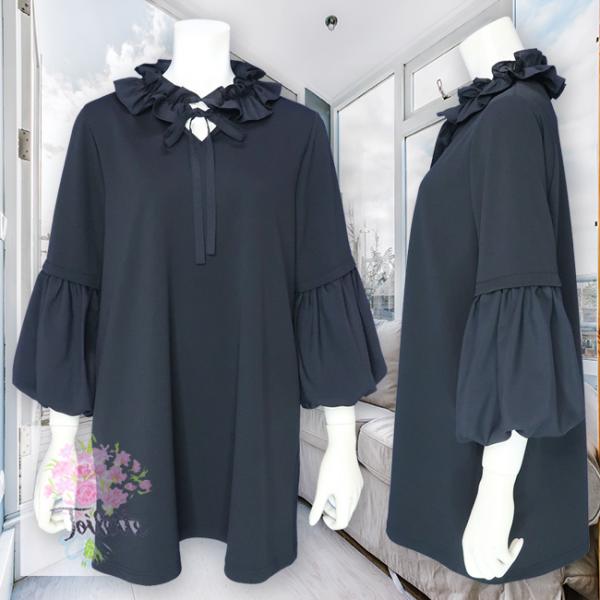 【「チュニック」】フリル襟、リボンタイ、バルーン袖が可愛いチュニックです。【スタイル】被りタイプ、ポケット有り。【素材】ソフトな肌触りで、ストレッチが効いた生地です。【サイズ】Free、5サイズの2サイズ展開です。◆関連商品【チュニックブラ...