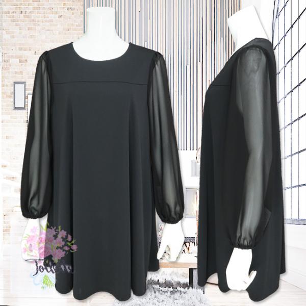 【「チュニック」】透け感のあるシフォン袖が特徴的なインナーチュニックです。【素材】被りタイプ、サイドポケットあり。【素材】サラッとした肌触りのストレッチ素材です。【トワレのサイズ展開】1(7号)、3(9号)、5(11号)