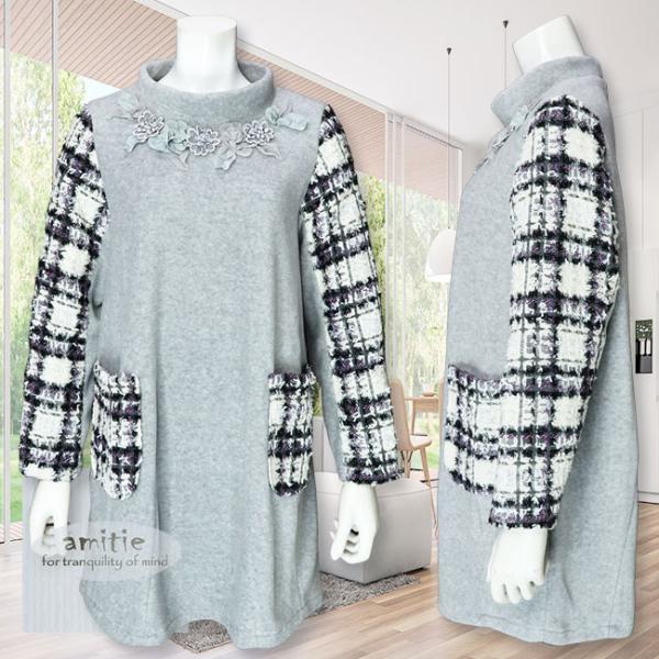 【「チュニック」】立体的なお花のモチーフ、部分的に使ったファンシーツイードが印象的なハイネックチュニックです。【スタイル】被りタイプ、ポケットあり。【素材】ソフトな肌触りで、伸縮性の大きいフリース地です。【アミティエサイズ展開】2(11号)...