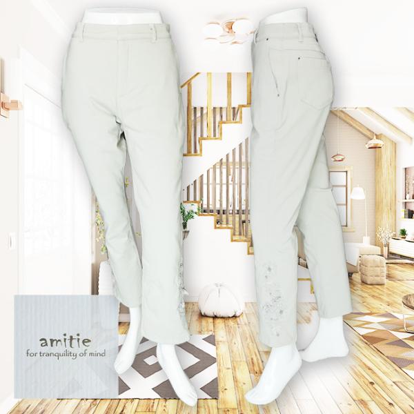 【「ダウンパンツ」】ビジューをアクセントに使ったお花のモチーフが綺麗なダウンパンツです。【スタイル】ベルトループ付き。前後ポケットあり。【素材】しっかりした織りの生地です。伸びない素材です。内側前身にダウン＆フェザーが入っています。【アミテ...