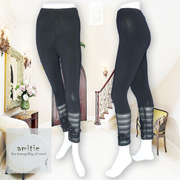 【「レギンス」】裾のネット素材に配されたレース花飾りが印象的なレギンスです。【素材】ソフトで、伸縮性のある素材です。【アミティエサイズ展開】2(11号)、3(13号) 、4(15号)