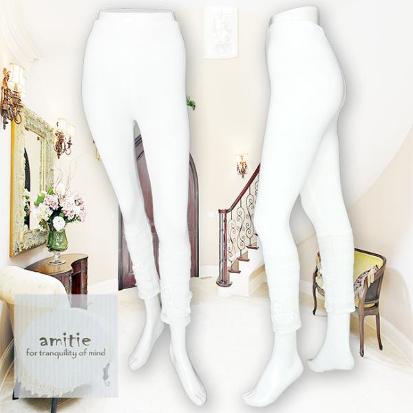 【「レギンス」】裾のネット素材に配されたレース花飾りが印象的なレギンスです。【素材】ソフトで、伸縮性のある素材です。【アミティエサイズ展開】2(11号)、3(13号) 、4(15号)