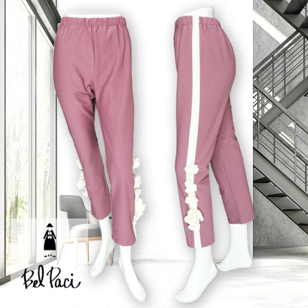 【「レギパン」】サイドのライン、立体的なお花のモチーフが印象的なレギパンです。【スタイル】ウエストゴム入り、ポケットなし。【素材】ストレッチが効いた生地で、裏は暖かい起毛仕上げです。【ベルパーチサイズ展開】1(9号)、2(11号)、3(13号)