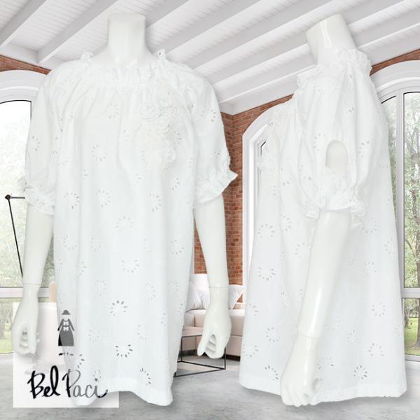 【「チュニック」】立体的なお花のモチーフがアクセントになったチュニックです。お花の形にカットアウトされた生地を使用。【スタイル】ネックライン、袖口にゴムが入っています。ポケットなし。【素材】薄手で、サラッとした肌触りのコットン地です。伸びな...