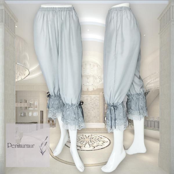 【「ドロワーズ」】裾のレース、リボン飾りが綺麗なドロワーズです。【スタイル】ウエストゴム入り。【素材】薄手で、軽く透け感、光沢のある生地です。伸びない作りです。