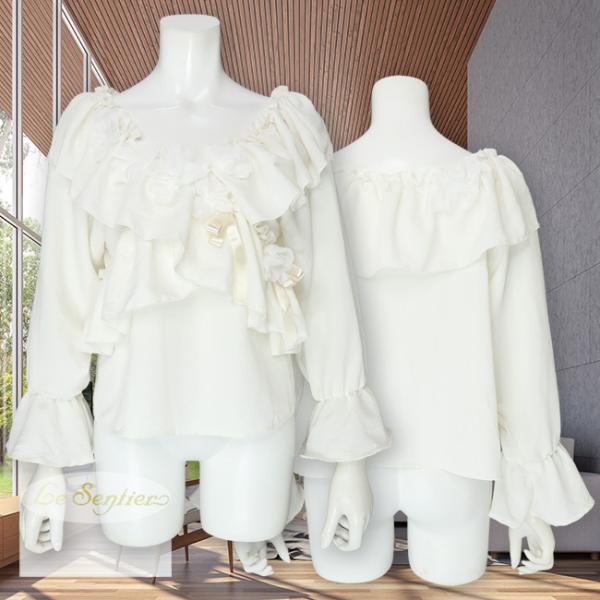 【「プルオーバー」】ボリュームのあるフリルラインが印象的なプルオーバーです。立体的なお花のモチーフ、リボン飾りがアクセントになっています。【スタイル】ネックライン、袖口にゴムが入っています。【素材】薄手で、ソフトな肌触りの生地です。伸びない...