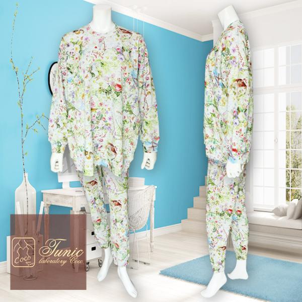 【「パジャマ」】繊細で、カラフルなプリント柄が印象的なパジャマです。【素材】ソフトな肌触りで、伸縮性の大きいコットン地です。