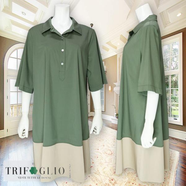 【「チュニックワンピース」】身頃と裾を配色で切り替えた、印象的なバイカラーデザインが魅力のチュニックワンピースです。衿付きのデザインとフロントボタンが程よいきちんと感を演出し、カジュアルすぎず大人のデイリースタイルにぴったり。【スタイル】前...