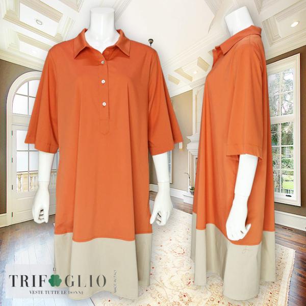 【「チュニックワンピース」】身頃と裾を配色で切り替えた、印象的なバイカラーデザインが魅力のチュニックワンピースです。衿付きのデザインとフロントボタンが程よいきちんと感を演出し、カジュアルすぎず大人のデイリースタイルにぴったり。【スタイル】前...