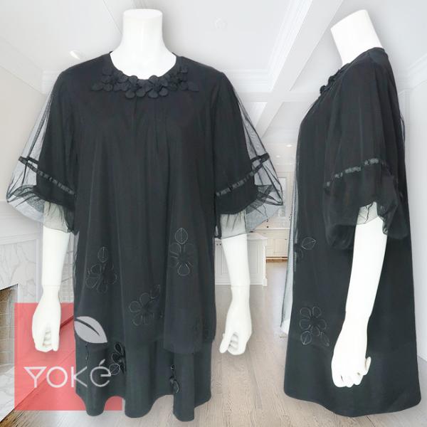 【「チュニック」】シースルーネットで包まれたデザインのチュニックです。立体的なお花のモチーフがアクセントになっています。あわせるインナーを変えることで、長い季節着用できます。【素材】ソフトで、ストレッチが効いた生地です。