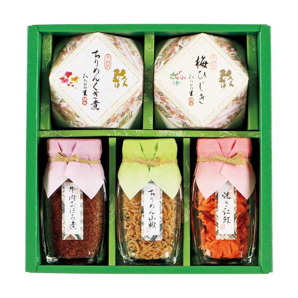 【三越伊勢丹 御中元 総合カタログ ギフトコード】Ｂ０１２２２３ 【商品名】〈京・料亭わらびの里〉京楽味【内容量】ちりめん山椒３０ｇ、焼き紅鮭４３ｇ、牛肉おぼろ煮６０ｇ、梅ひじき・ちりめんくぎ煮各５０ｇ【外装サイズ】縦23×横23×高さ6cm