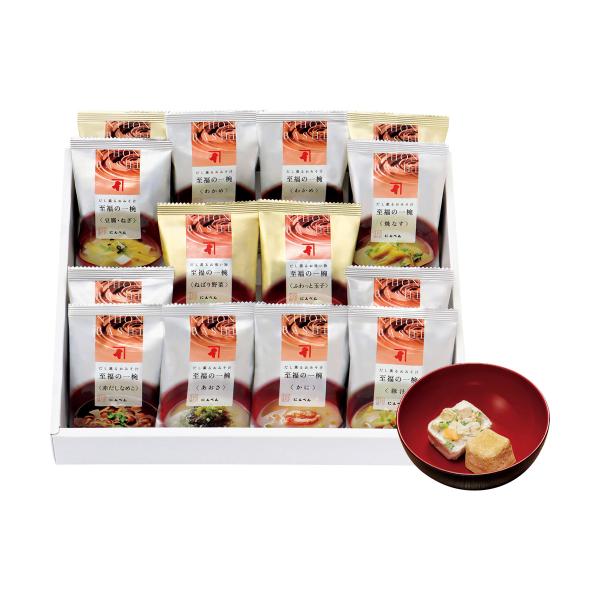 【三越伊勢丹 御中元 総合カタログ ギフトコード】Ｂ０１４６５３ 【商品名】〈にんべん〉至福の一椀おみそ汁・お吸い物【内容量】おみそ汁（わかめ・豚汁・赤だしなめこ×各２、焼なす・豆腐ねぎ・あおさ・かに×各１）、お吸い物（ふわっと玉子・ねばり...