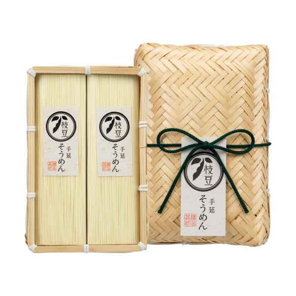 【三越伊勢丹 御中元 総合カタログ ギフトコード】Ｂ０２２３１３ 【商品名】〈甚助〉小豆島そうめん「枝豆」（秋田県産枝豆使用）【内容量】手延枝豆そうめん１４０ｇ×６（エージレス包装）／竹籠入【外装サイズ】縦23×横15×高さ6cm