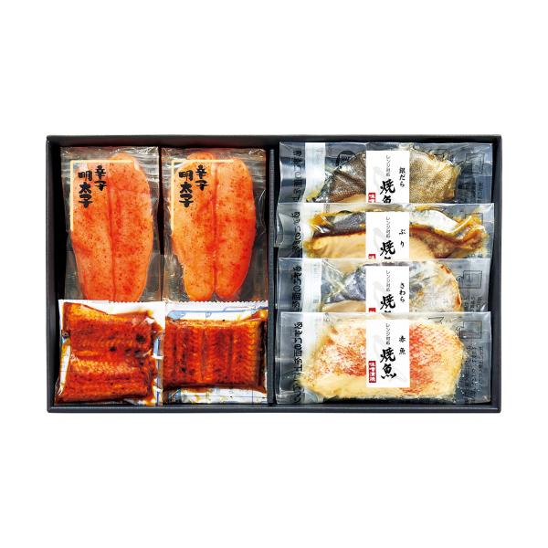 【三越伊勢丹 御中元 総合カタログ ギフトコード】Ｙ０３６０６３ 【商品名】〈美飾遊膳〉明太子とレンジ対応鰻蒲焼・焼魚詰合せ【内容量】無着色辛子明太子７０ｇ・国産鰻蒲焼（たれ・山椒付）４０ｇ×各２、銀だら味噌漬焼・ぶり味噌漬焼・さわら粕漬焼...