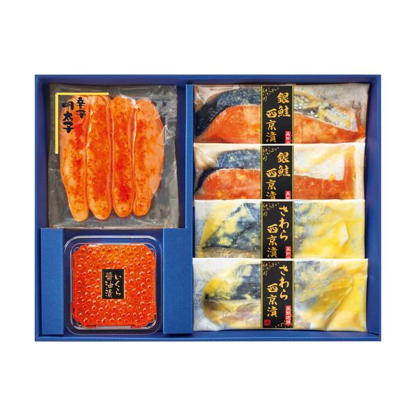 【三越伊勢丹 御中元 総合カタログ ギフトコード】Ｙ０３６６９３ 【商品名】〈美飾遊膳〉西京漬・魚卵詰合せ【内容量】西京漬（銀鮭・さわら×各２）、無着色辛子明太子１５０ｇ・北海道産いくら醤油漬４０ｇ×各１【外装サイズ】縦24×横31×高さ4...