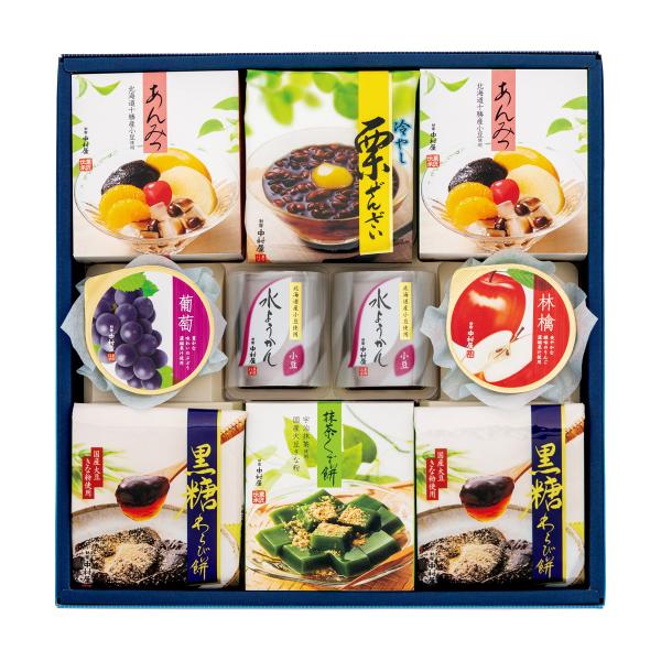 【三越伊勢丹 御中元 総合カタログ ギフトコード】Ｂ０３８２５３ 【商品名】〈新宿中村屋〉涼菓撰【内容量】涼香水ようかん小豆・あんみつ・黒糖わらび餅×各２、栗ぜんざい・抹茶くず餅×各１、フルーツゼリー（葡萄・林檎×各１）【外装サイズ】縦33...