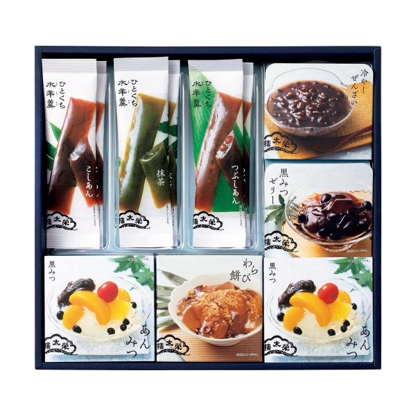 【三越伊勢丹 御中元 総合カタログ ギフトコード】Ｂ０３８４５３ 【商品名】〈榮太樓總本鋪〉彩瀬【内容量】あんみつ×２、わらび餅・冷やしぜんざい・黒みつゼリー×各１、ひとくち水羊羹（こしあん・つぶしあん・抹茶×各２）【外装サイズ】縦31×横...