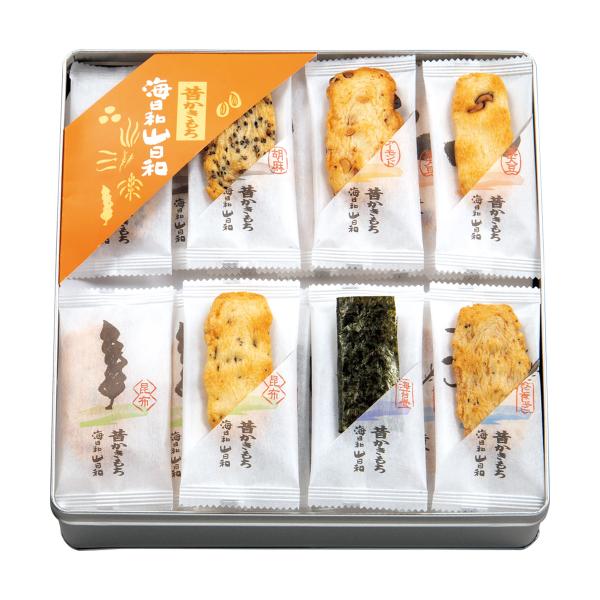 【三越伊勢丹 御中元 総合カタログ ギフトコード】Ｂ０３９３５３ 【商品名】〈王様堂本店〉昔かきもち「海日和山日和」【内容量】黒大豆・ごま×各９、昆布・アーモンド×各８、ひじきじゃこ・海苔巻×各４【外装サイズ】縦24×横24×高さ8cm