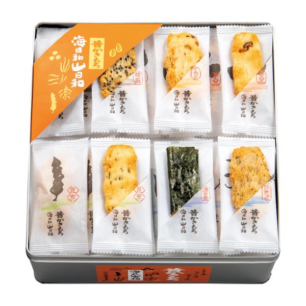 【三越伊勢丹 御中元 総合カタログ ギフトコード】Ｂ０３９３６３ 【商品名】〈王様堂本店〉昔かきもち「海日和山日和」【内容量】黒大豆・昆布・ごま・アーモンド×各１６、ひじきじゃこ・海苔巻×各６【外装サイズ】縦24×横24×高さ11cm