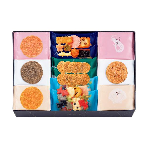 【三越伊勢丹 御中元 総合カタログ ギフトコード】Ｂ０３９６１３ 【商品名】〈満果惣〉海匠焼詰合せ【内容量】海匠焼（海老・帆立×各１４、いか・たこ×各７）、ひとくち海老せんべい・遊山楽・ふきよせ金魚×各２【外装サイズ】縦28×横39×高さ8cm