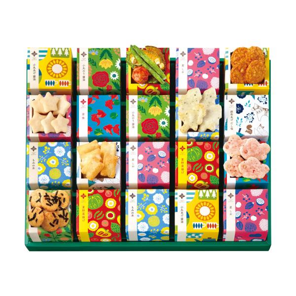 【三越伊勢丹 御中元 総合カタログ ギフトコード】Ｂ０３９７５３ 【商品名】〈麻布十番・あげもち屋〉夏のキューブギフト【内容量】星　しお×４、もみの木・小丸のり醤油・小丸醤油・夏野菜×各３、だし塩・金魚×各２【外装サイズ】縦32×横40×高...