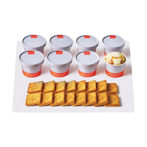 【三越伊勢丹 御中元 総合カタログ ギフトコード】Ｄ０４２２６３ 【商品名】〈プレスバターサンド〉バターアイスクリーム（キャラメル）・クッキーセット【内容量】バターアイスクリーム（キャラメル）１００ｍｌ×８、プレスバタークッキー×１６【外装...