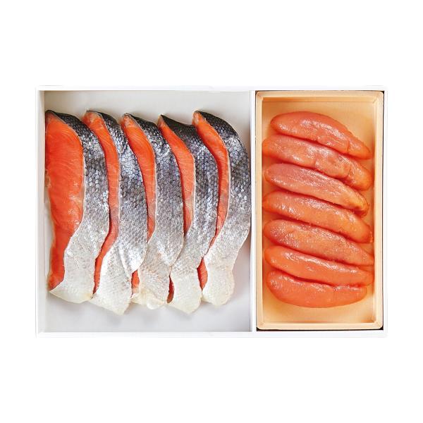 【三越伊勢丹 御中元 総合カタログ ギフトコード】Ｄ０４３１５３ 【商品名】紅鮭切身・無着色辛子明太子詰合せ【内容量】紅鮭切身×５（計３５０ｇ）、無着色辛子明太子２５０ｇ×１　※明太子は密封袋入【消費・賞味期間】冷蔵で１２日【外装サイズ】縦...
