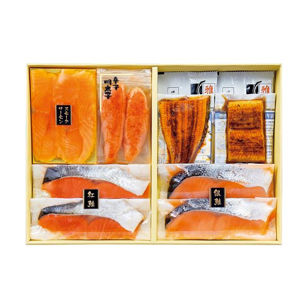 【三越伊勢丹 御中元 総合カタログ ギフトコード】Ｙ０４４５２３ 【商品名】〈幸乃家〉鮭・魚卵と鰻蒲焼詰合せ【内容量】紅鮭切身（甘塩味）・銀鮭切身（中塩味）・国産鰻蒲焼（たれ・山椒付）４０ｇ×各２、スモークサーモンスライス４０ｇ・無着色辛子...