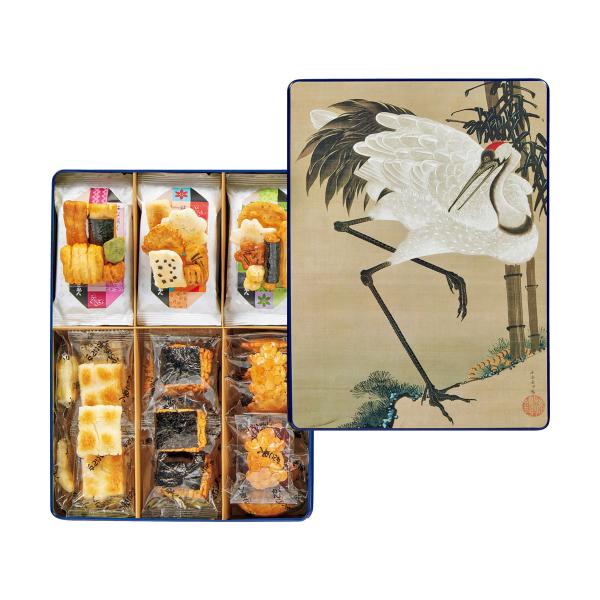 【三越伊勢丹 御中元 総合カタログ ギフトコード】Ｂ０５１２８３ 【商品名】東京国立博物館　限定ギフト〈がんこ職人〉鶴図（つるず）　吉祥揃【内容量】はな咲くさく（花・水・緑×各３袋）、福々亀×５、磯小六×９、もち角サラダ×８／缶入【外装サイ...