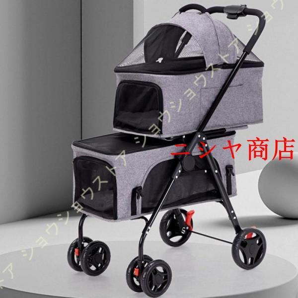 【二段式 分離型 折りたたみペットカート】【サイズ】展開時（約）：（幅）49cm（奥行）63cm（高さ）101cm折り畳み時（約）：（幅）49cm（奥行）19cm（高さ）75cmコット寸法（約）：[上段]（幅）32cm（奥行）56cm（高さ...