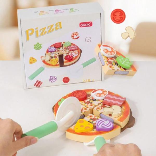 子供用 木製ピザDIYピザカッティングおままごとセット、男の子女の子のごっこ遊びに適しています、こどもの日やお誕生日プレゼントに
