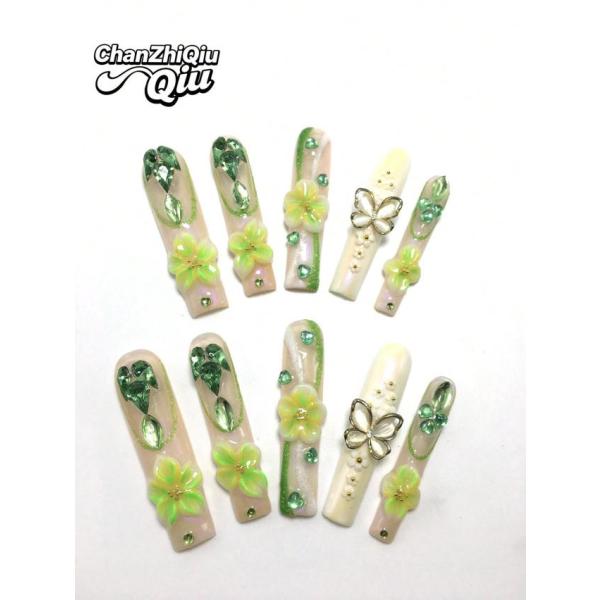 10個セット 5.5cm ハンドメイド棺型ネイルアーマー、ラインストーン、蝶、花びらでデコレーション、ネイルステッカー付き、中東風とバレンタインスタイル、女性や女の子、集まり、祭り、日常使いに適しています。ネイルアクセサリー、アクリルネイル...