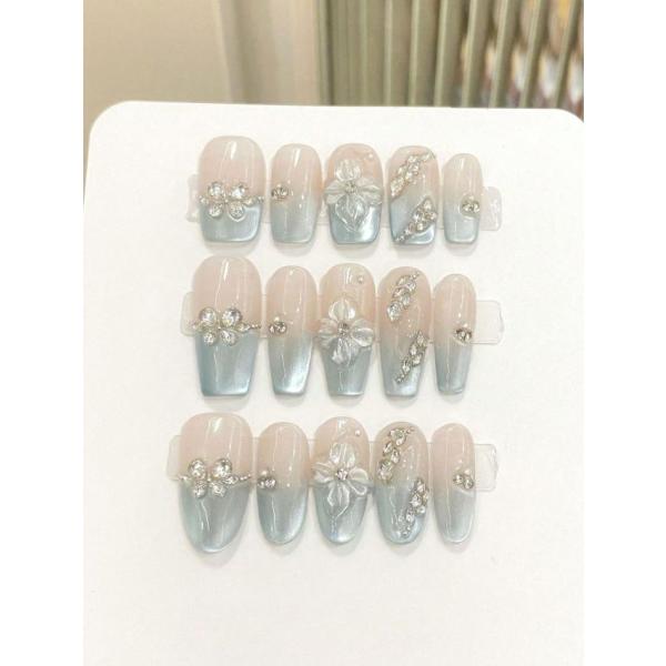 10個セット ミントグリーン 3D 型押し フローラル キャッツアイ ハンドメイド ネイル アクリル プレスオン ネイル 夏ネイル かわいい フラワー ラインストーン デコ ミディアム ロング コフィン/オーバル/スクエア フレンチ偽ネイル...