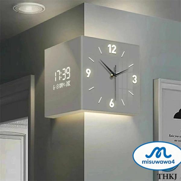 両面時計 角時計 デジタル時計 リビング 壁掛け センサースイッチグロー 明るい デジタルコーナー壁掛け時計 温度/湿度表示搭載 ホーム