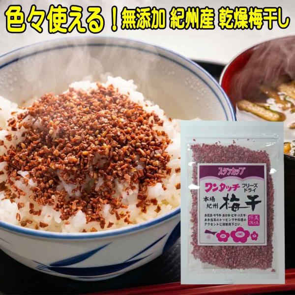 ご飯が止まらない。さっと振るだけの梅の旨み和歌山県産の紀州梅を使用した、無添加・フリーズドライ製法の乾燥梅干しです。種を抜いた梅干をそのまま乾燥し、旨み・酸味・香りをギュッと凝縮。◆夏にも強い！こんなシーンで大活躍・熱中症対策に塩分補給・食...