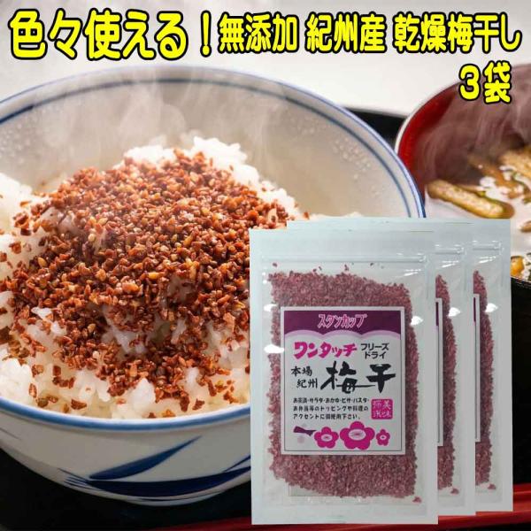 ご飯が止まらない。さっと振るだけの梅の旨み和歌山県産の紀州梅を使用した、無添加・フリーズドライ製法の乾燥梅干しです。種を抜いた梅干をそのまま乾燥し、旨み・酸味・香りをギュッと凝縮。◆夏にも強い！こんなシーンで大活躍・熱中症対策に塩分補給・食...