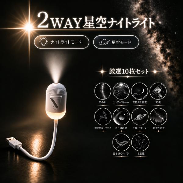 USB給電式の星空プロジェクター兼ナイトライト。天の川、三日月、土星、12星座などを投影できる交換フィルム10枚付き。タッチセンサー式で3モード切替、明るさ調整、360度角度調整、ピント調整に対応。小型軽量の手のひらサイズで、寝室、子供部屋...