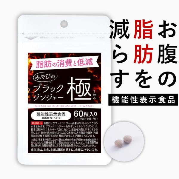 おなかの中性脂肪と皮下脂肪を減らすことが報告されている機能性表示食品『 ブラックジンジャー極 』内容量：一袋15g（250mg×60球）タイ王国原産のブラックジンジャー（クラチャイダム／黒ウコン／黒ショウガ）がおなかの中性脂肪と皮下脂肪の消...