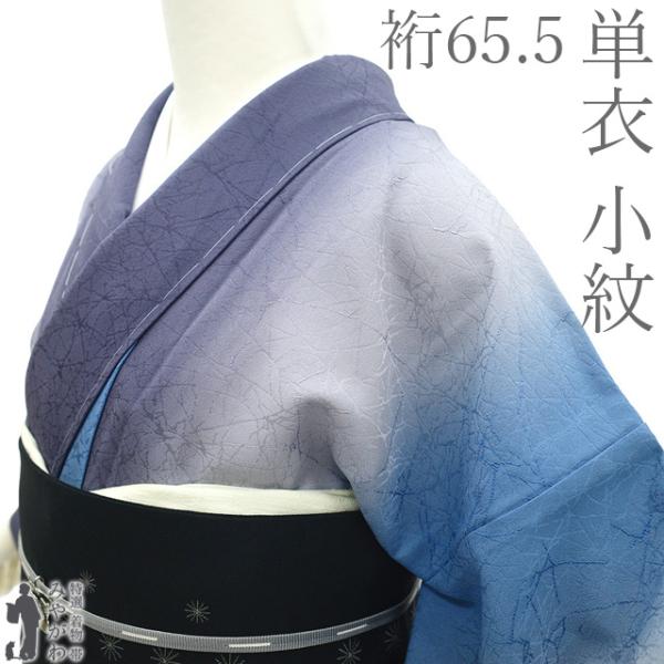 【新古品】 小紋 単衣 着物 未使用 正絹 春 秋 手染め 紫グレー ライトグレー 水色 ３色ぼかし 地紋 カジュアル 上質 着物 美品 居敷当て仕立て 仕立て上がり 身丈158 裄丈65.5 Ｍサイズ みやがわ sb17086