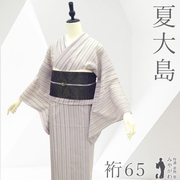 【新古品】 夏物 本場大島紬 着物 未使用 正絹 夏大島 単衣 薄紫 変わり縞 夏 カジュアル 春・秋 の単衣時期にも 居敷当仕立て 夏用 着物 夏着物 大島紬 美品 仕立て上がり 身丈158 裄丈65 Ｍサイズ みやがわ sb17305